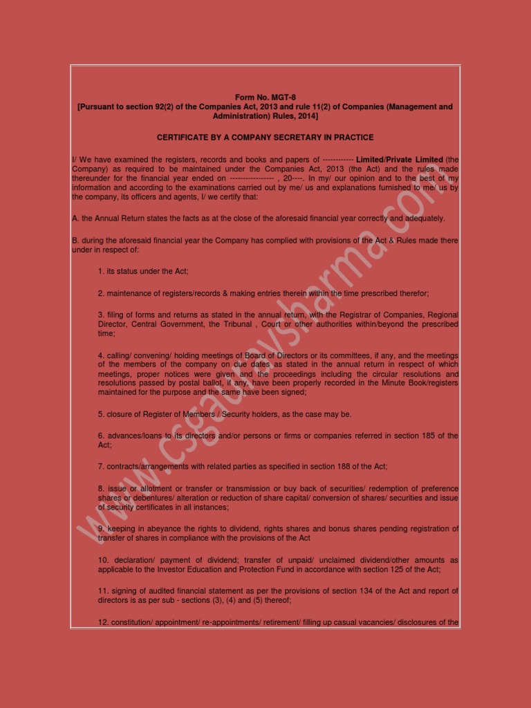 MGT-8 Compliance Certificate Guide | PDF | Securities (Finance) | Board ...