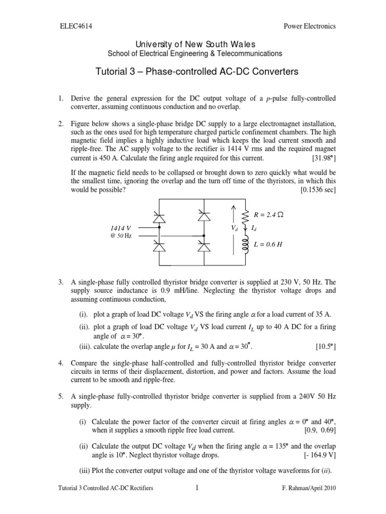Tutorial 3 - Phase Controlled AC-DC Converters | PDF | Power Electronics | Rectifier