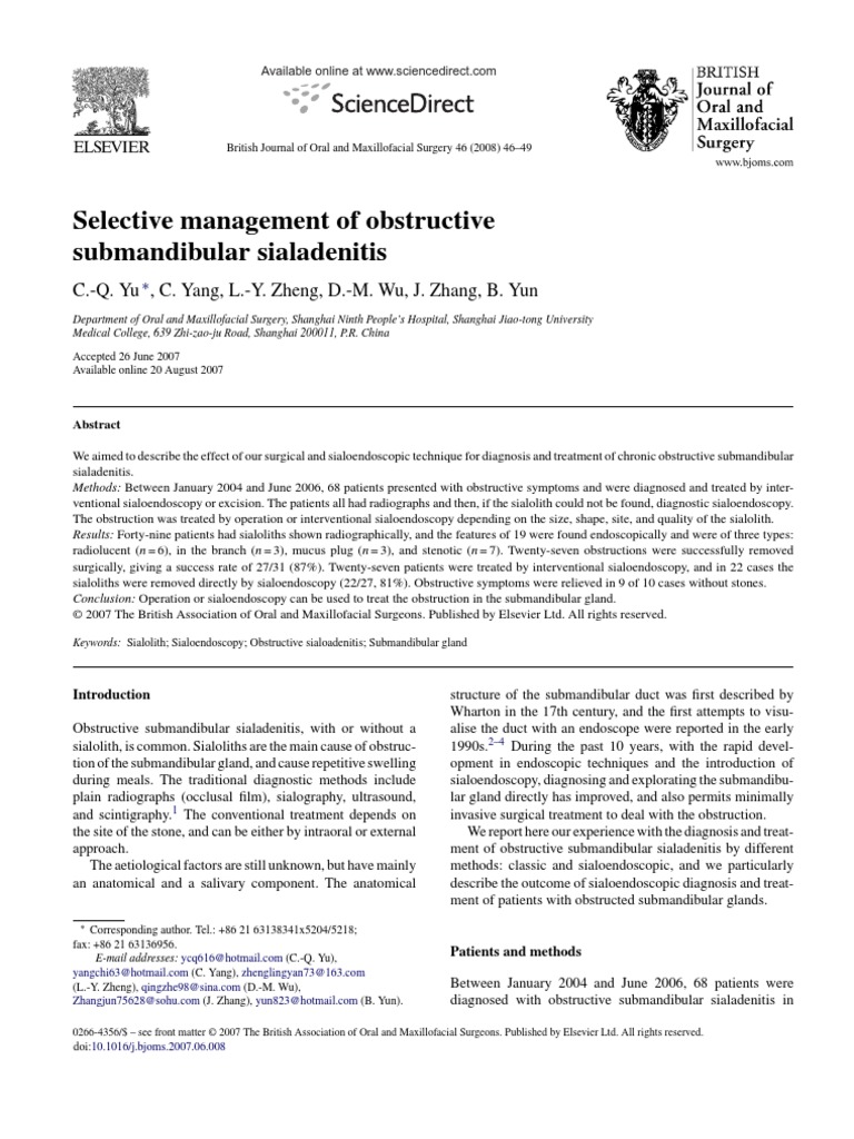 BJOMS 2008. Selective Management of Obstructive Submandibular Sialadenitis | PDF | Surgery ...