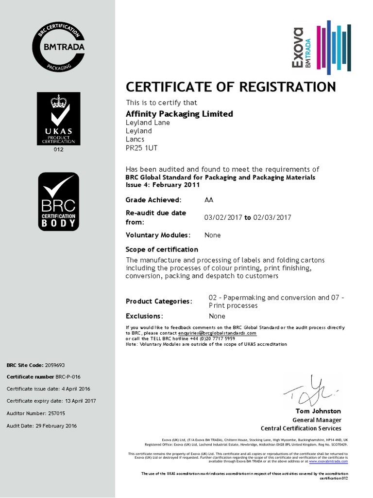 Affinity Packaging BRC Certification Details | PDF