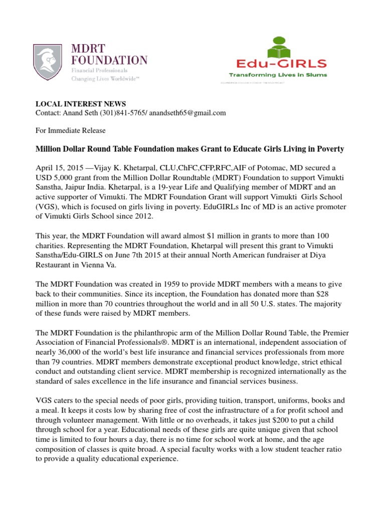 Million Dollar Round Table Foundation Makes Grant To Educate Girls ...