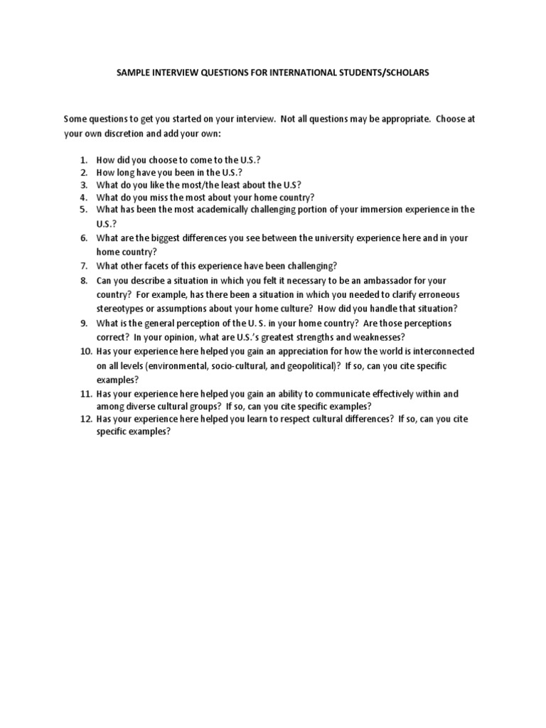 Sample Interview Questions For International Students/Scholars | PDF ...