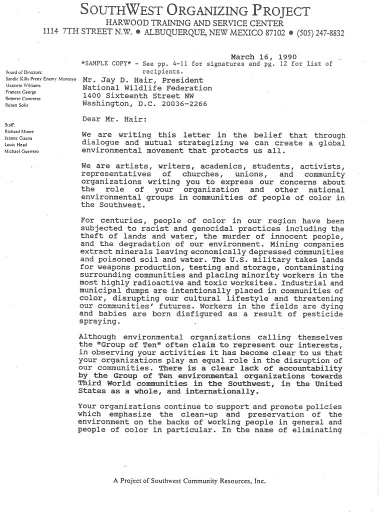 SWOP Letter To Group of 10 Environmental Organizations - 1990 | PDF