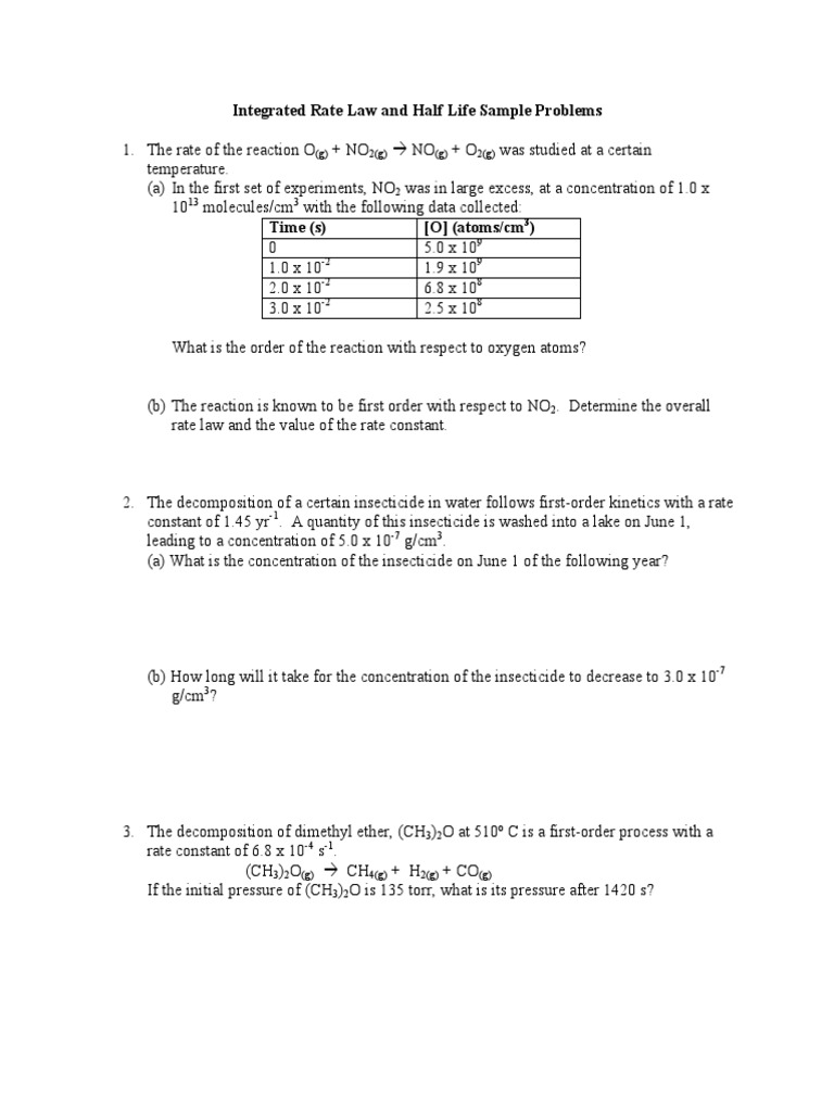 Integrated Rate Law and Half Life Sample Problems PDF | PDF