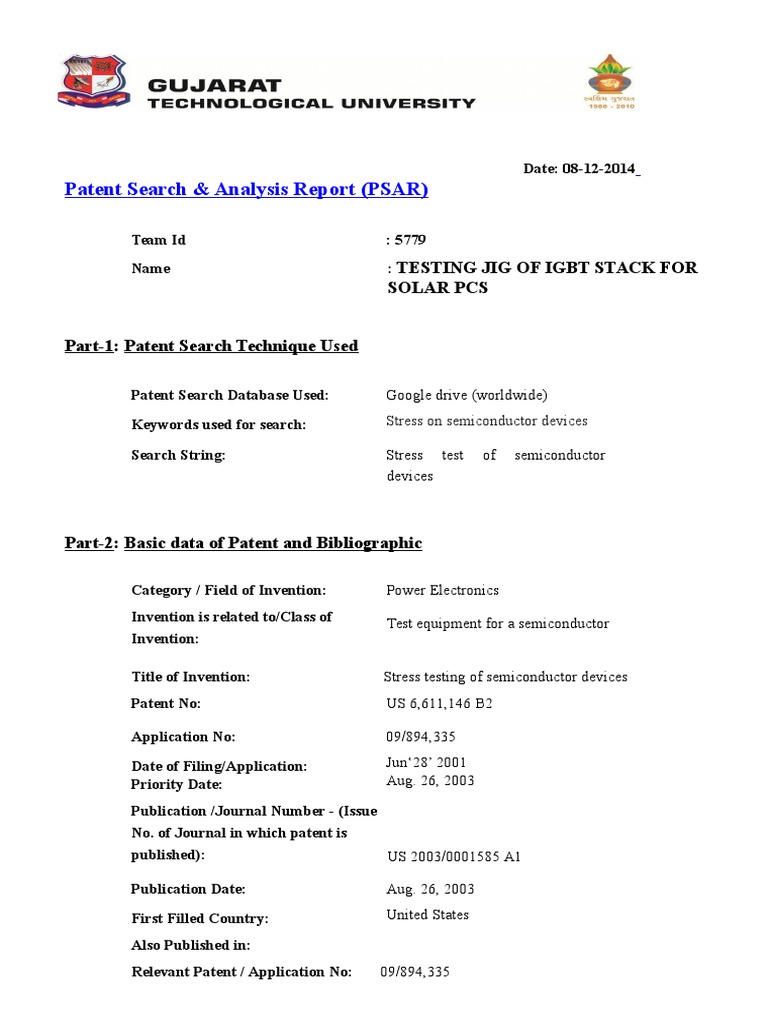 Patent Search & Analysis Report (PSAR) : Testing Jig of Igbt Stack For ...