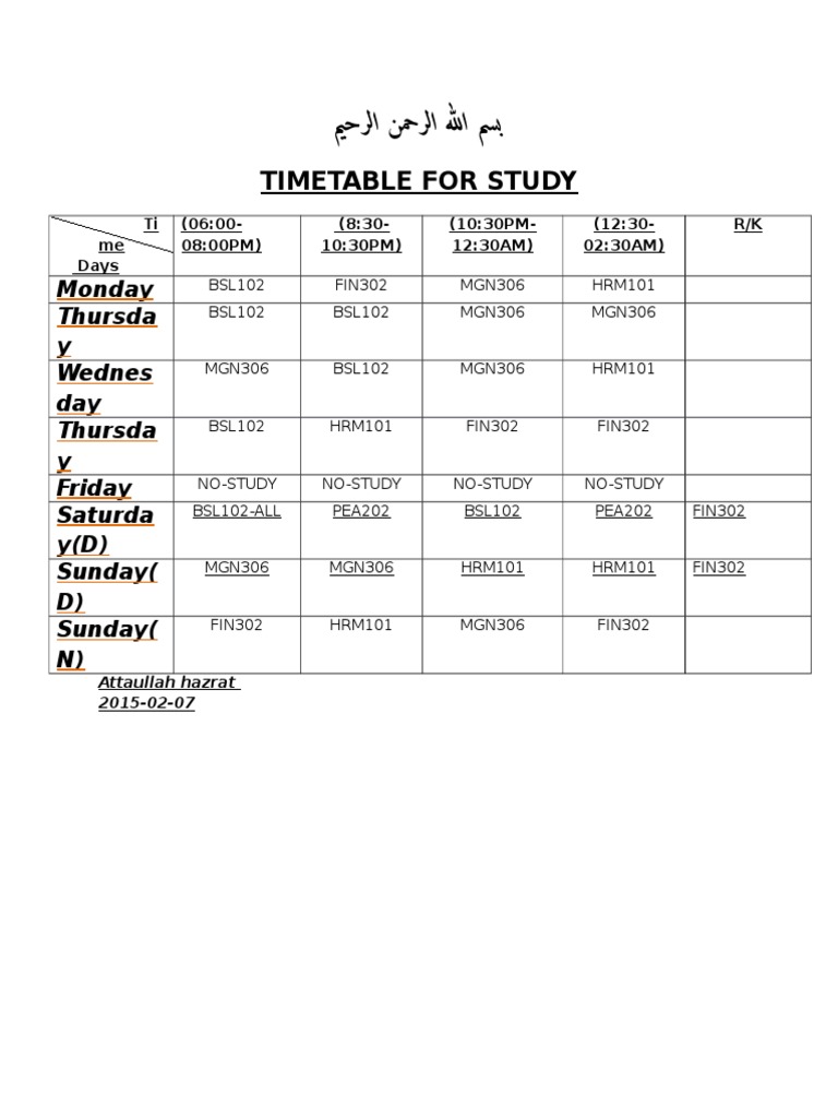 Weekly Study Timetable Overview | PDF