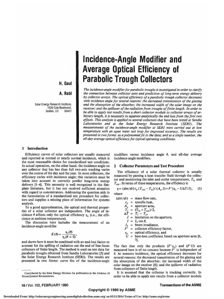 Incidence-Angle Modifier and Average Optical Efficiency of Parabolic ...