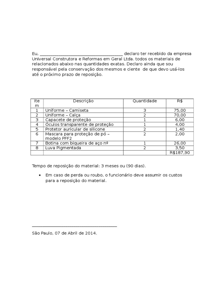 Termo de Recebimento Dos Materiais | PDF