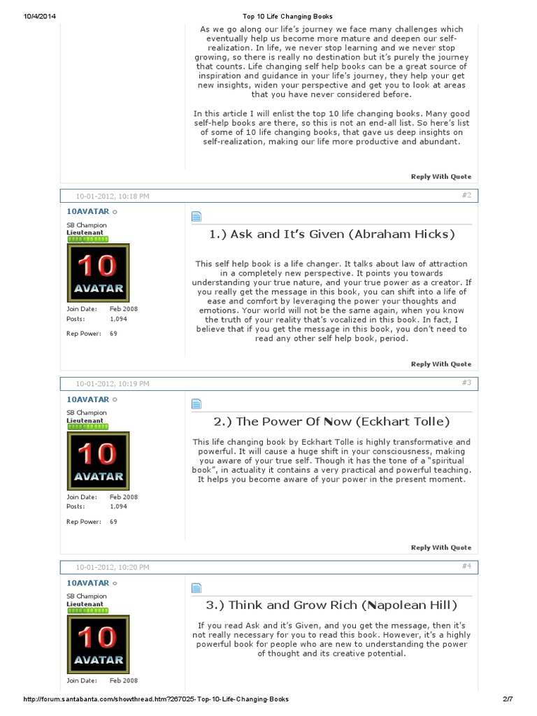 Top 10 Life Changing Books | PDF | Self Realization | Popular Psychology