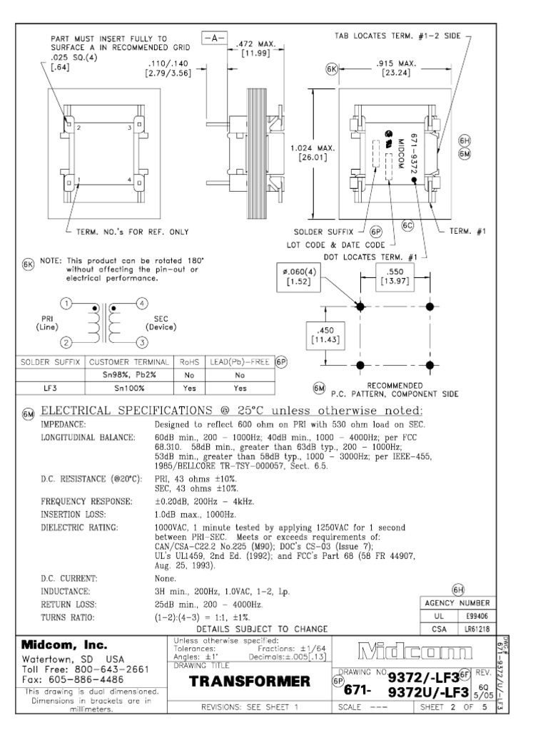 DataSheet Transformador de Audio 671-9372-Midcom | PDF