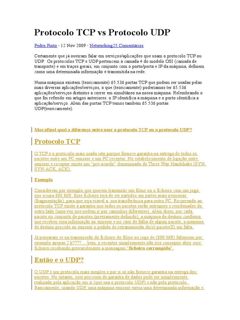 Protocolo TCP Vs Protocolo UDP | Download grátis PDF | Protocolo de ...