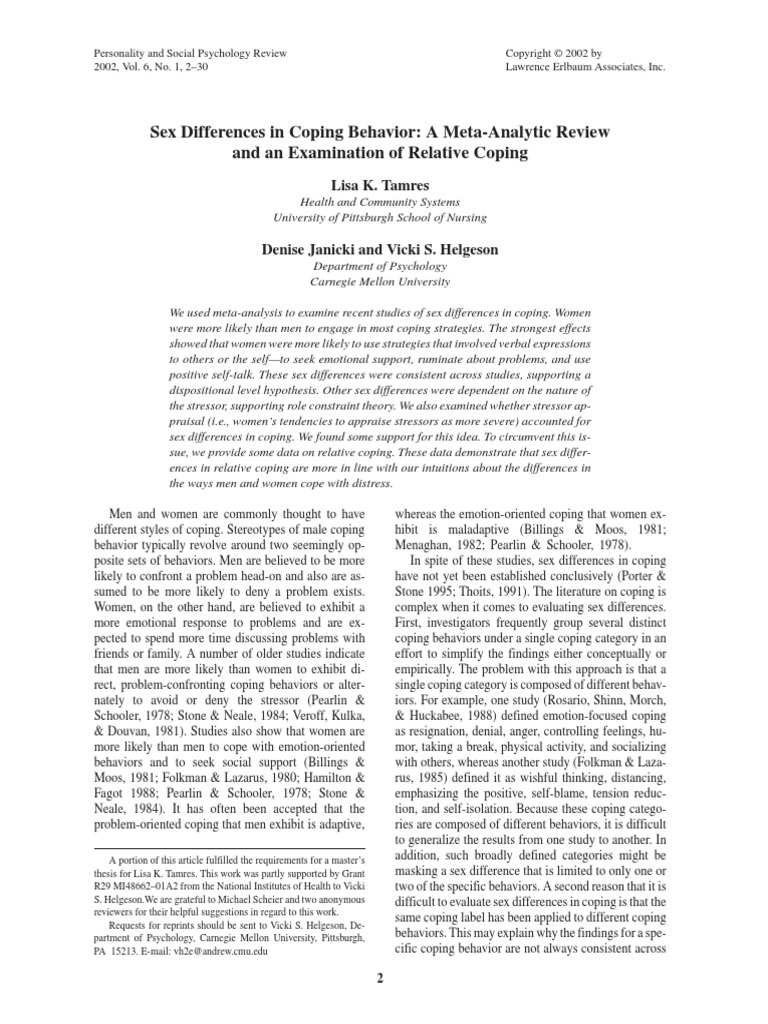 Sex Differences In Coping Behavior A Meta Analytic Review And An Examination Of Relative