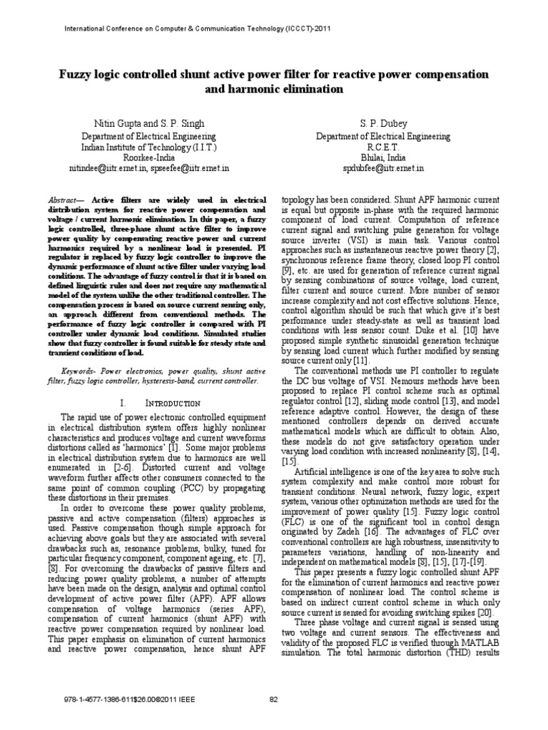 Fuzzy Logic Controlled Shunt Active Power Filter For Reactive Power Compensation and Harmonic ...