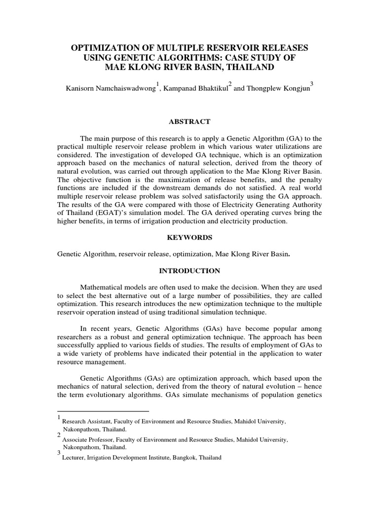 OPTIMIZING RESERVOIR RELEASES USING GENETIC ALGORITHMS | PDF | Genetic Algorithm | Mathematical ...