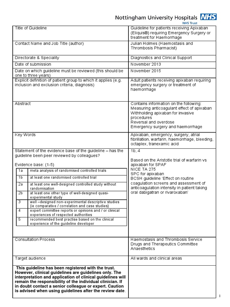 Guideline for Patients Receiving Apixaban (Eliquis) Requiring Emergency ...