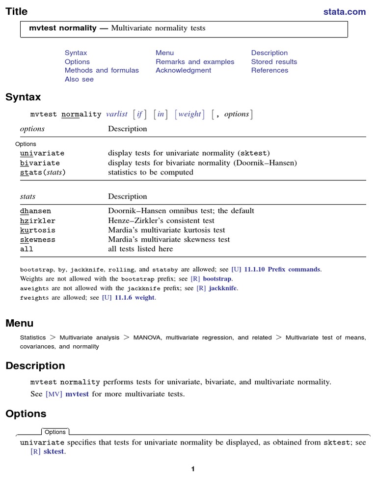 Multivariate Normality Tests in Stata | PDF | Chi Squared Distribution ...