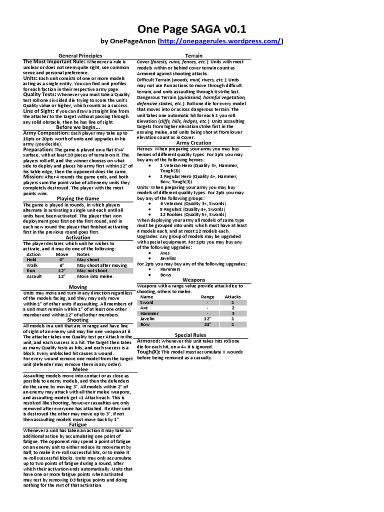 Introduction to One Page SAGA: A Concise Guide to the Core Rules and ...