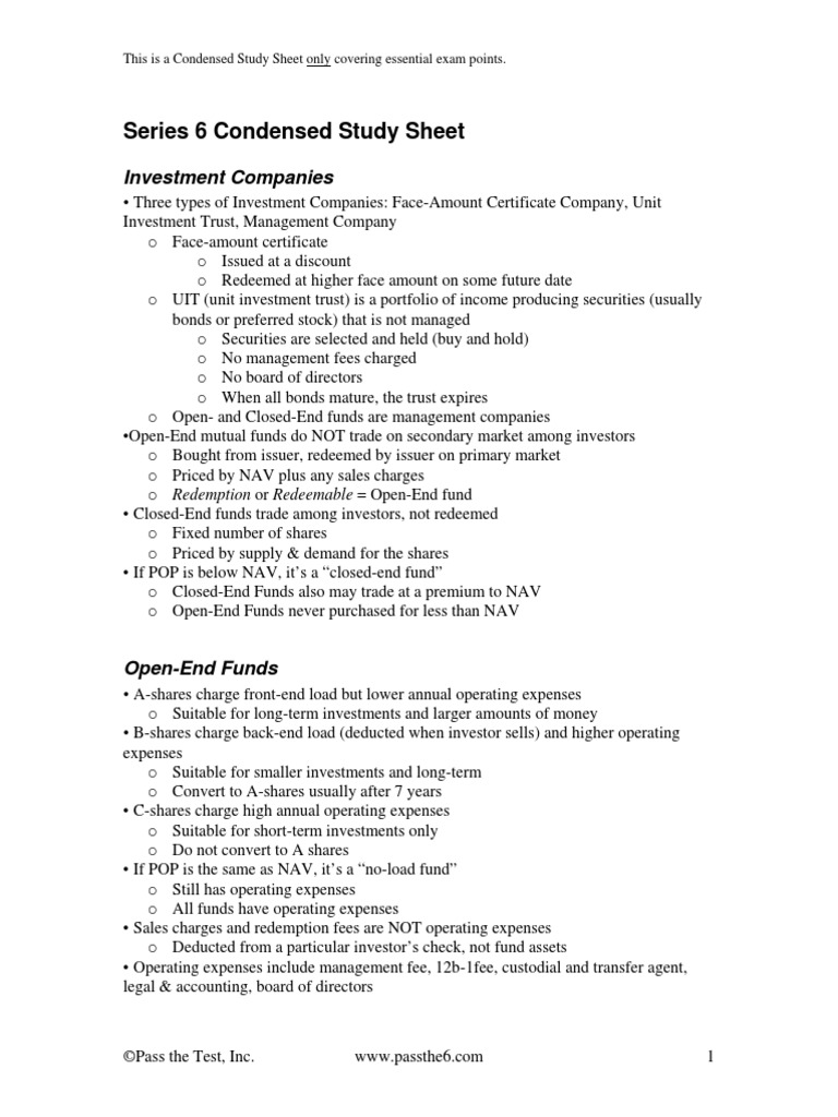 Series 6 Study Sheet | Download Free PDF | Annuity (American) | Mutual ...