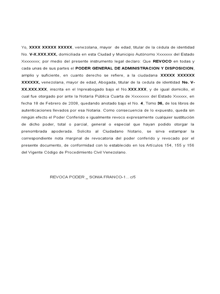Revocación de poder general de administración y disposición otorgado ...