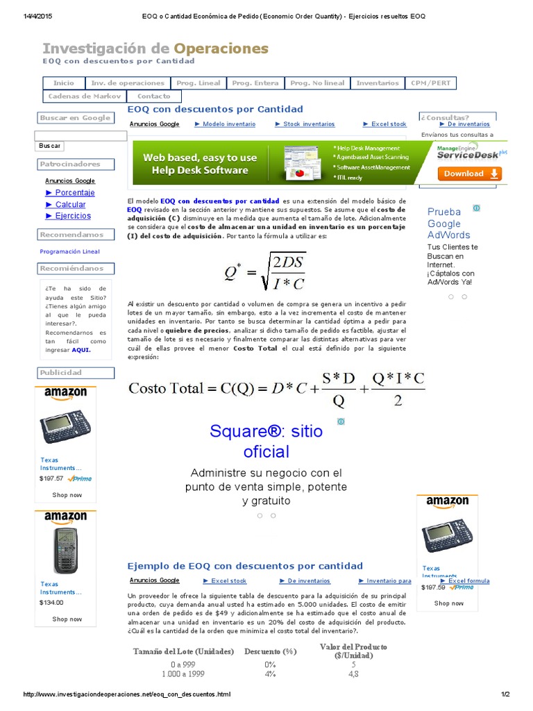 EOQ o Cantidad Económica de Pedido (Economic Order Quantity) - Ejercicios Resueltos EOQ PDF ...
