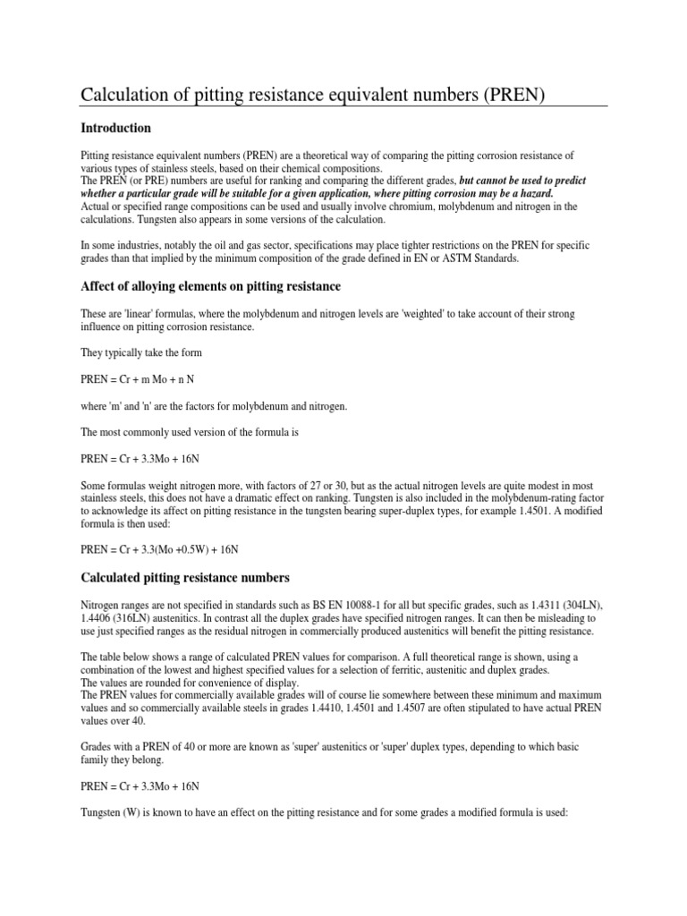 Pitting Resistance Equivalent Numbers (PREN) | PDF | Stainless Steel ...