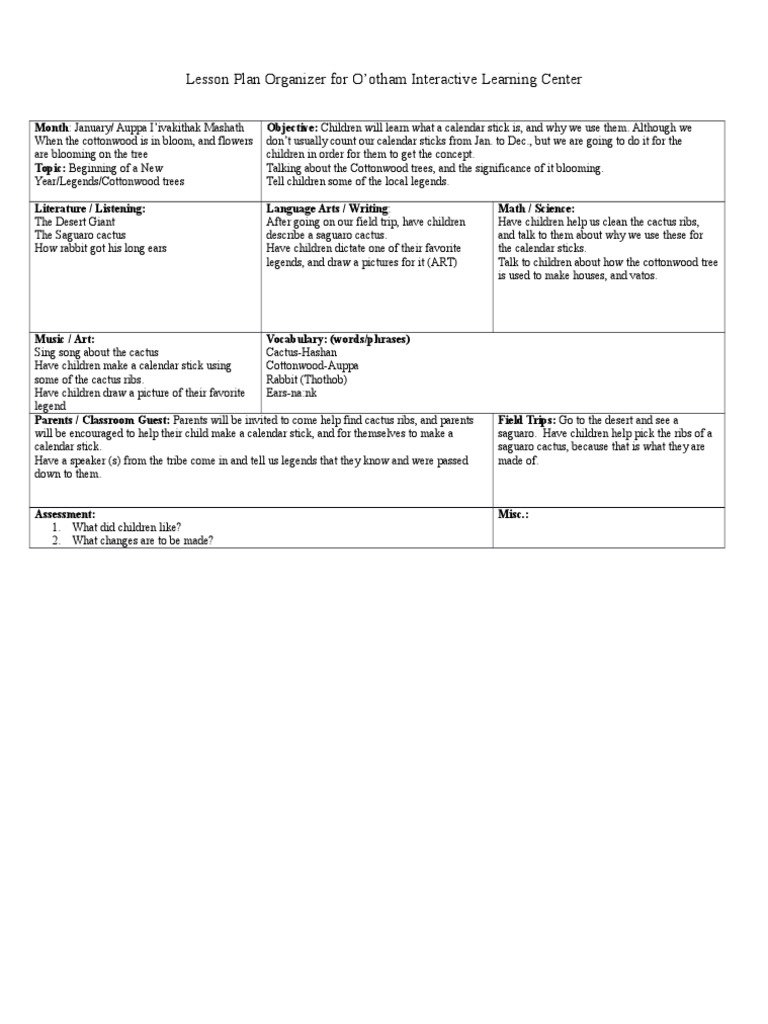 Lesson Plan Organizer For O'otham Interactive Learning Center | PDF