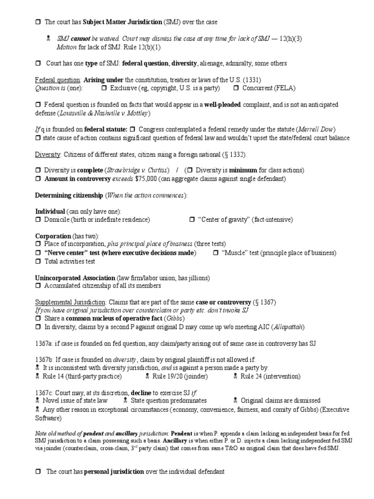 Checklist For Civil Procedure | PDF | Diversity Jurisdiction | Class Action
