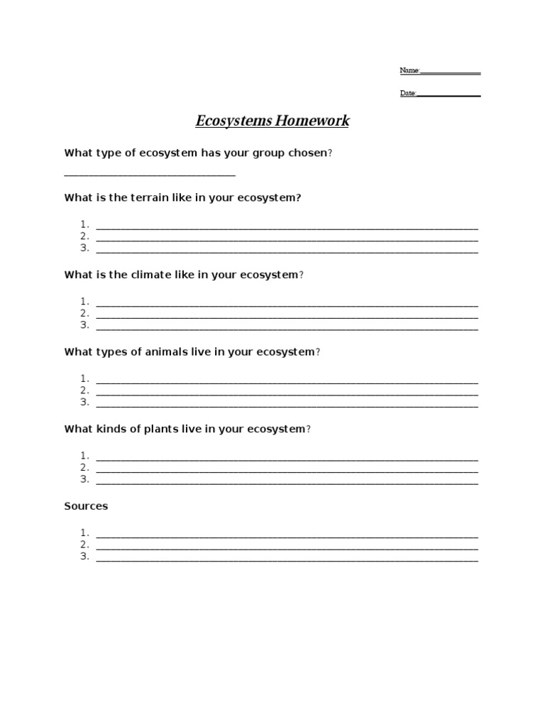 Ecosystems Homework Worksheet | PDF