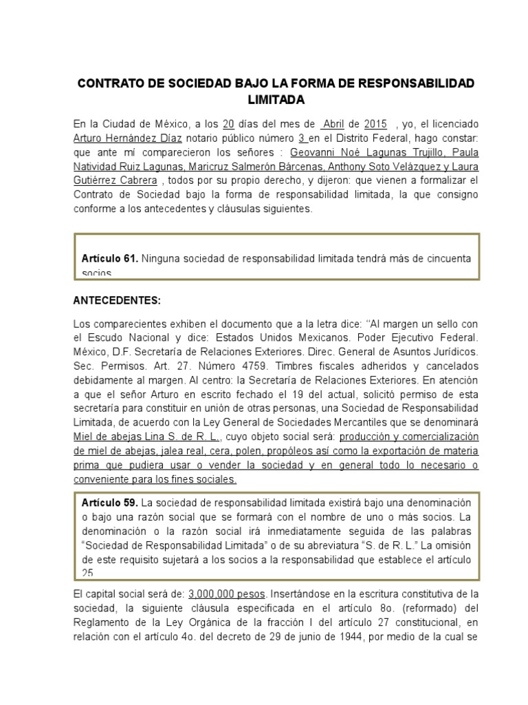 Acta Constitutiva Sociedad Limitada | PDF | Compañía de responsabilidad limitada | Liquidación