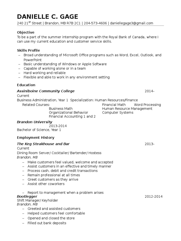 Danielle Gage's Internship Application | PDF | Business | Finance ...