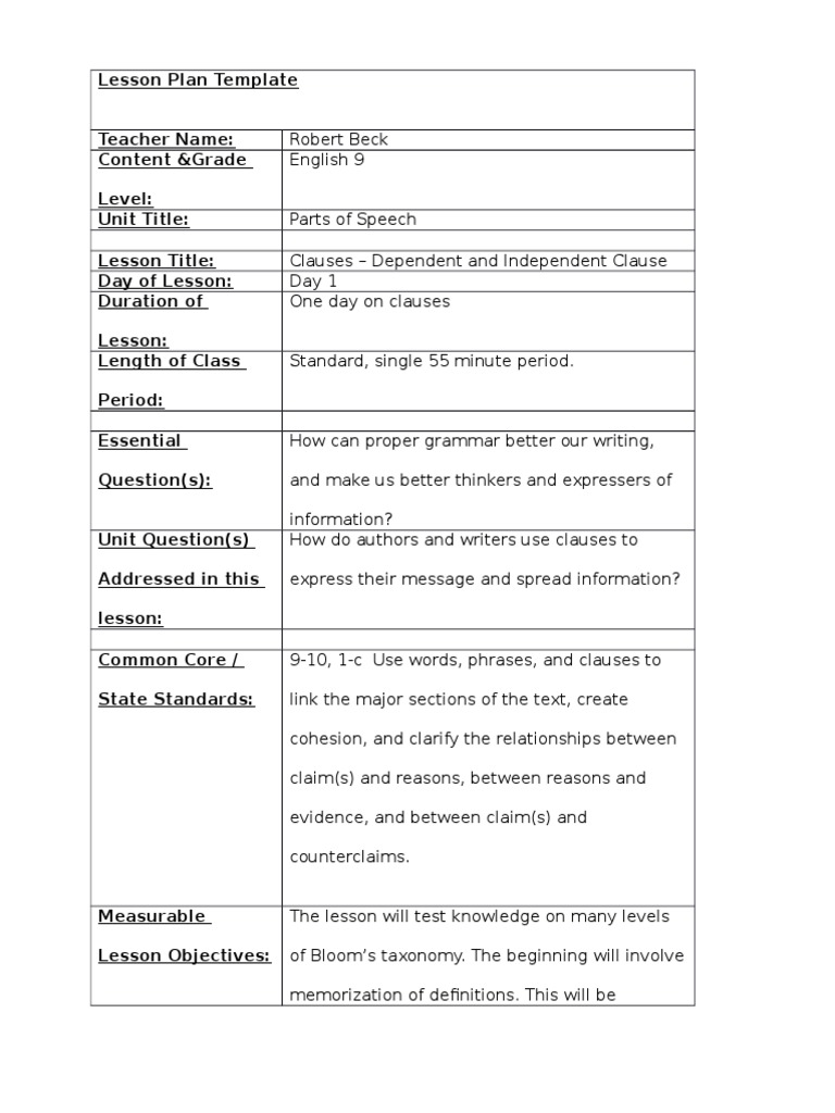 Lesson Plan For Clauses | PDF | Educational Assessment | Clause
