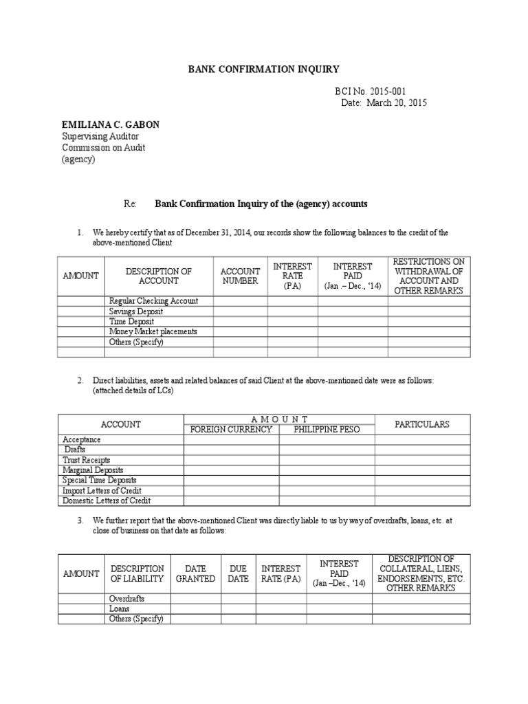 Bank Confirmation Inquiry-Format | PDF | Deposit Account | Banks
