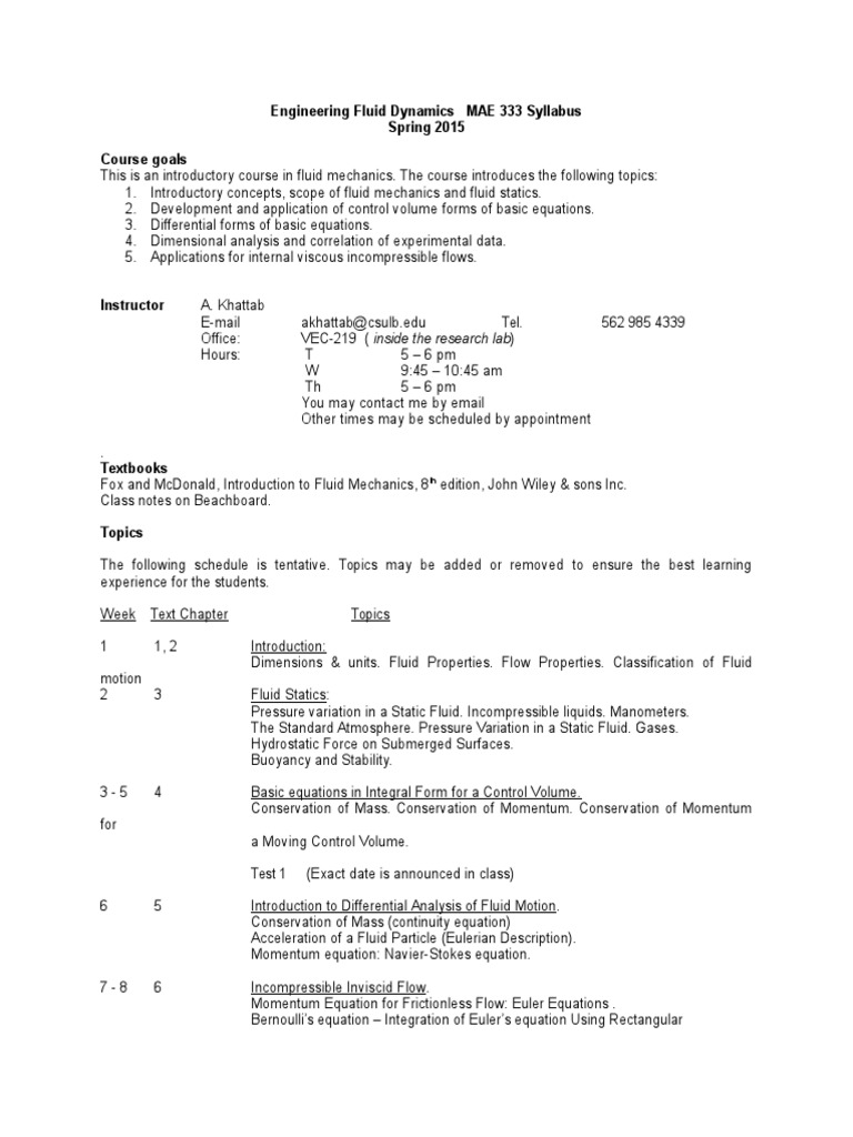 MAE 333 Syllabus | PDF | Fluid Dynamics | Fluid Mechanics
