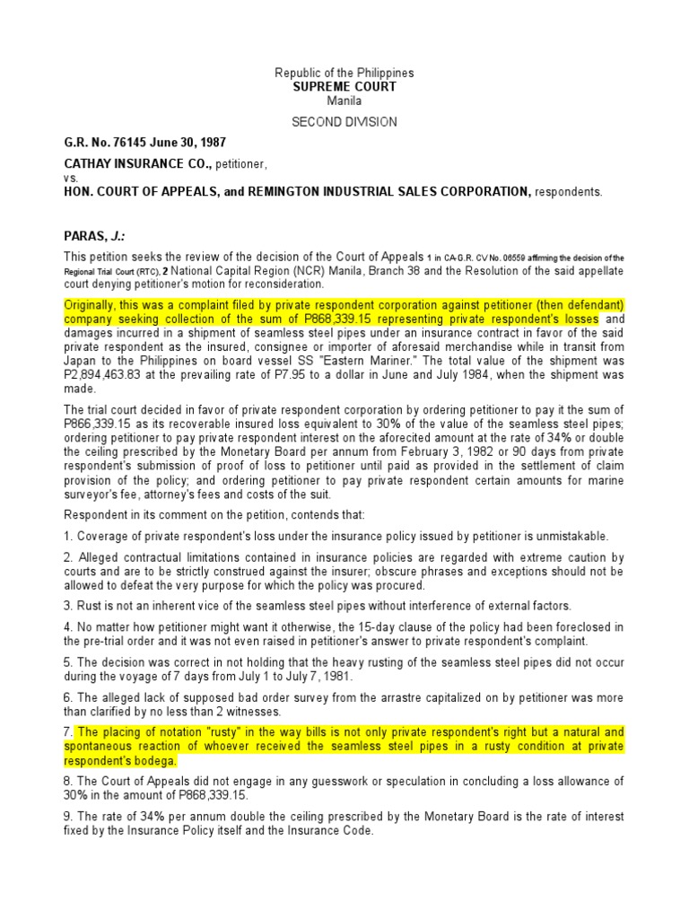 Cases For Marine Insurance | PDF | Insurance | Legal Concepts