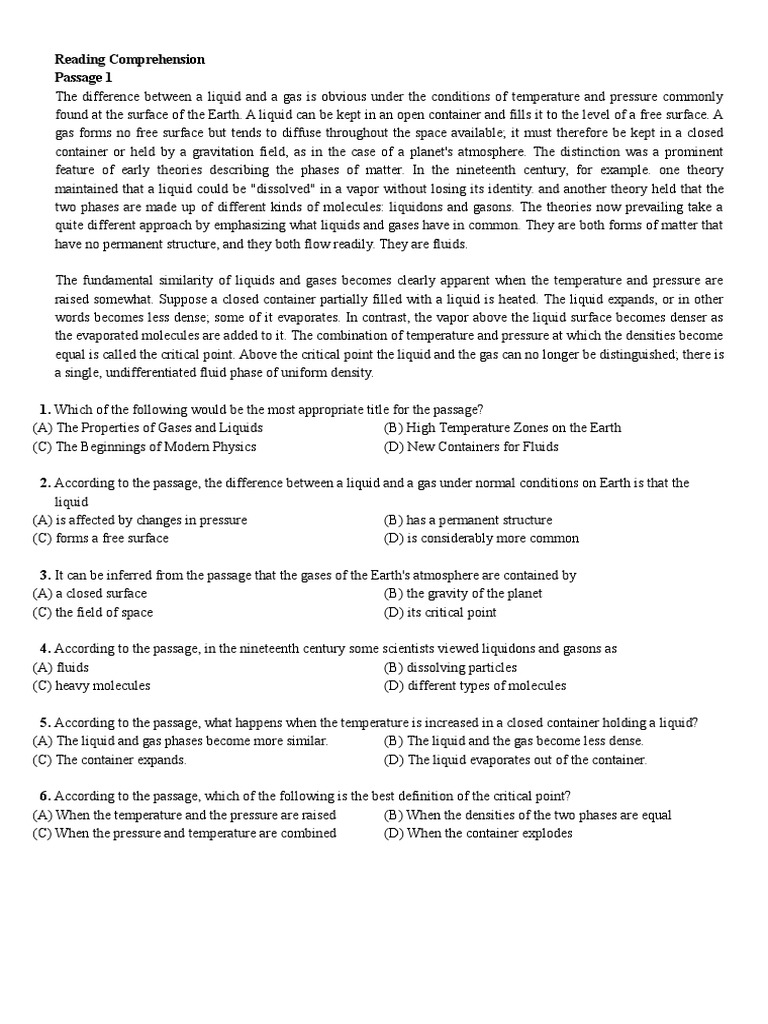 Reading Comprehension | PDF | Liquids | Gases