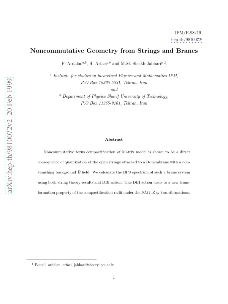Noncommutative Geometry From Strings and Branes: A, B A, B A1 | PDF ...