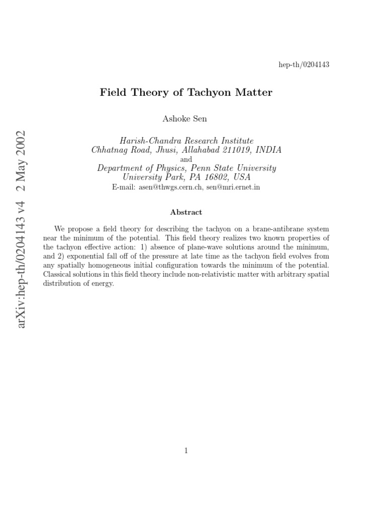 Field Theory of Tachyon Matter | PDF | Field (Physics) | Equations Of ...