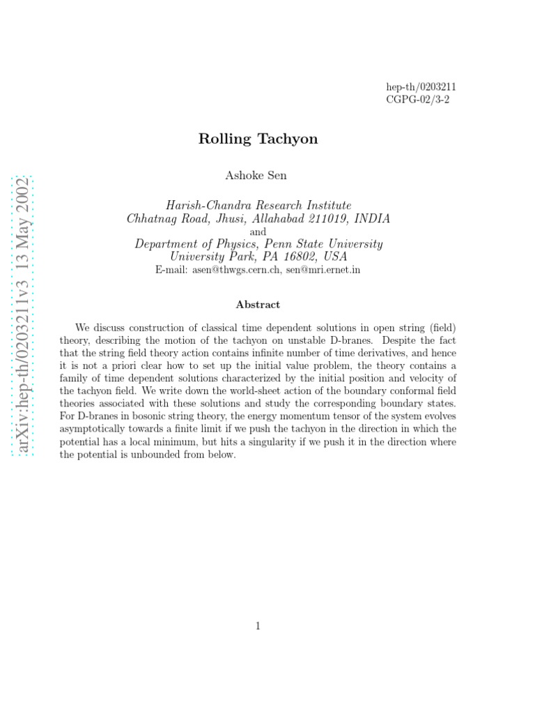 Rolling Tachyon | PDF | Field (Physics) | Quantum Field Theory