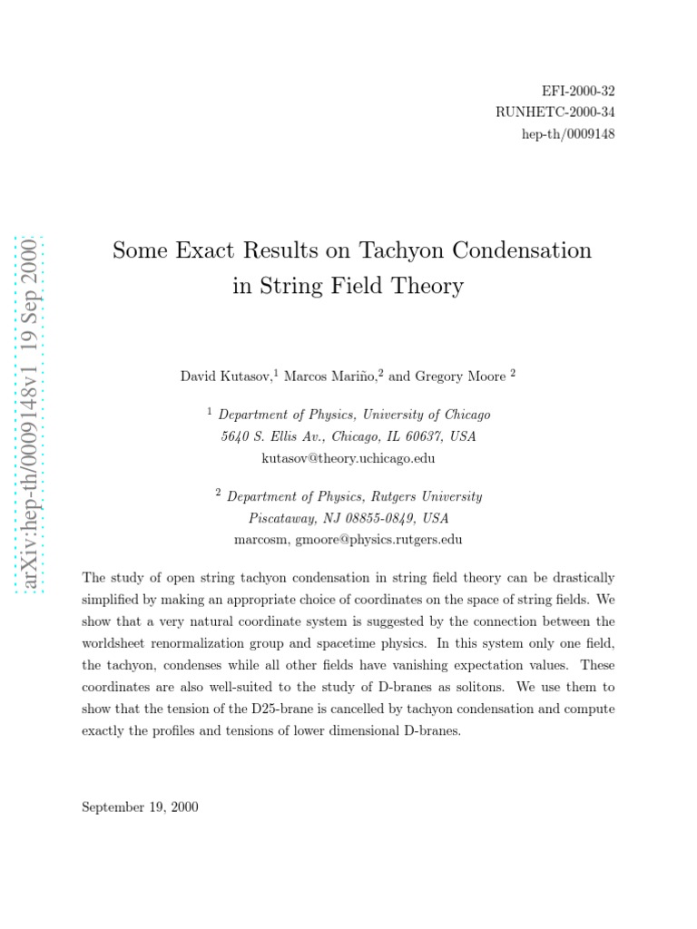 Some Exact Results On Tachyon Condensation in String Field Theory | PDF | Quantum Field Theory ...