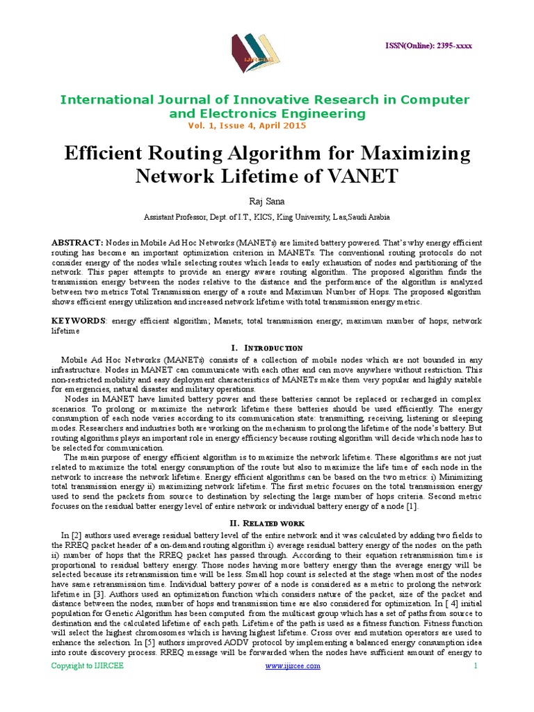 Efficient Routing Algorithm For Maximizing Network Lifetime of VANET ...