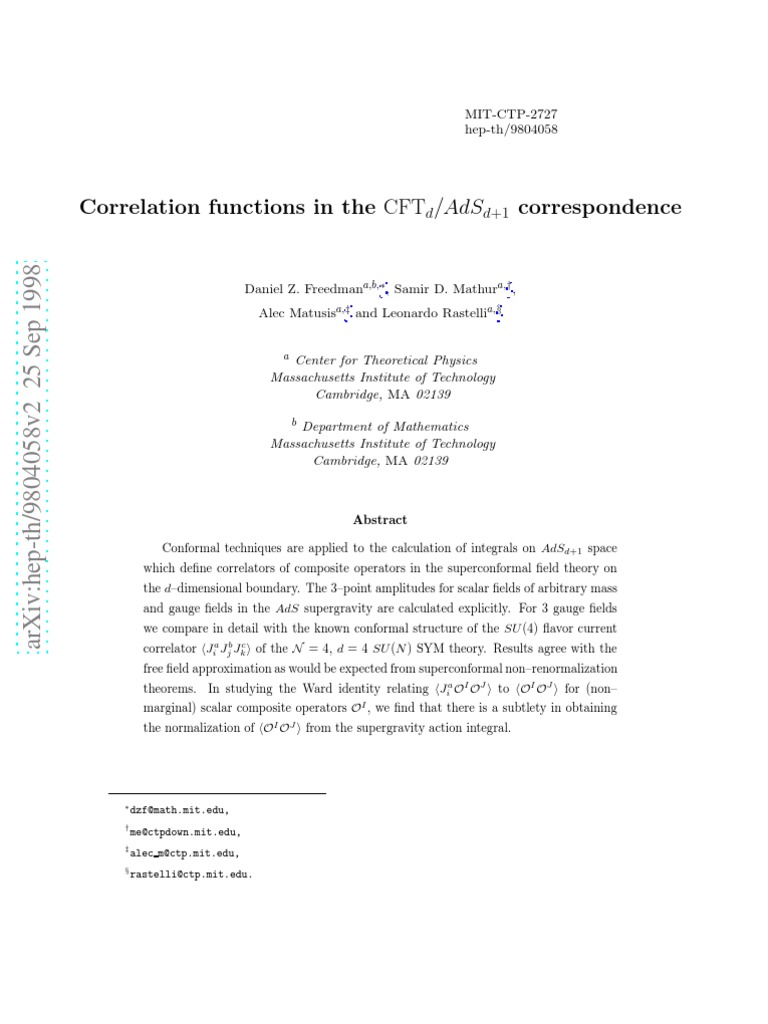 Correlation Functions in The CFT /ads Correspondence: A, B, A, A, A | PDF | Gauge Theory ...