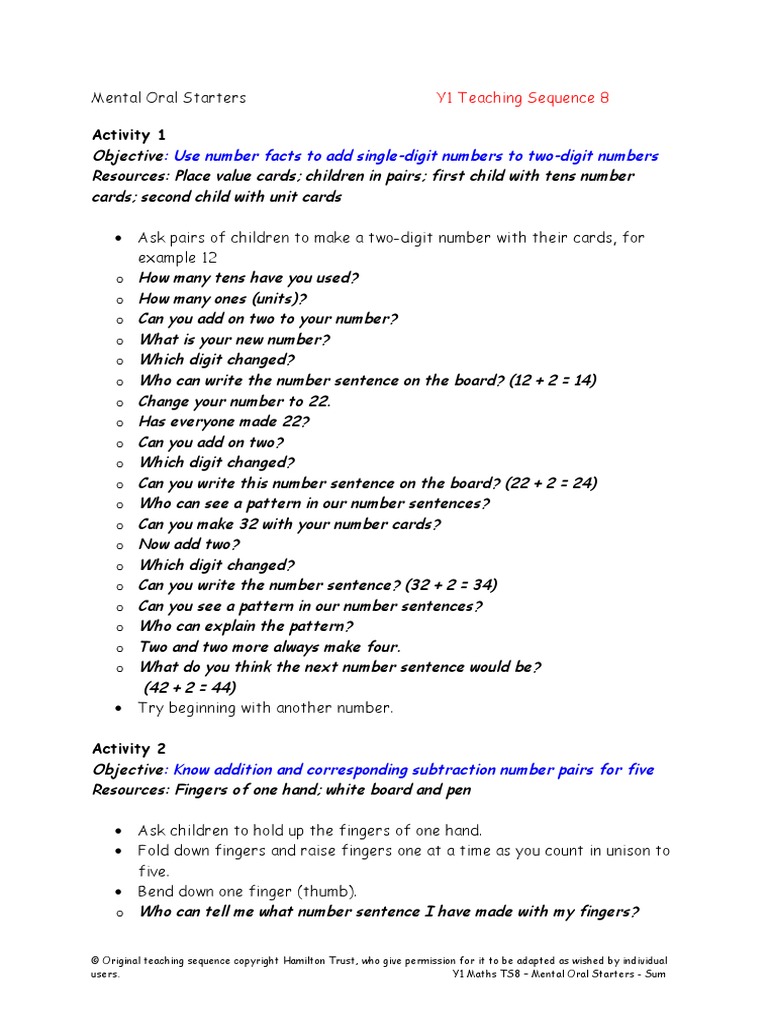 Mental Oral Starters Y1 Sum TS8 | PDF