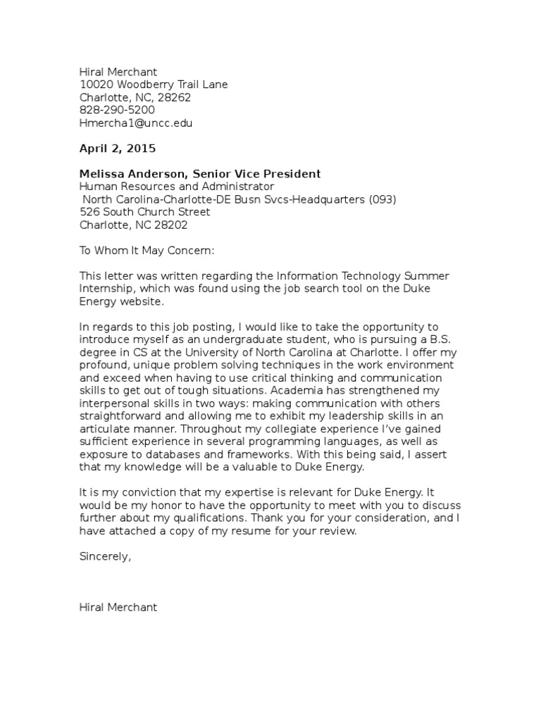 Duke Energy Internship Cover Letter | PDF | Business