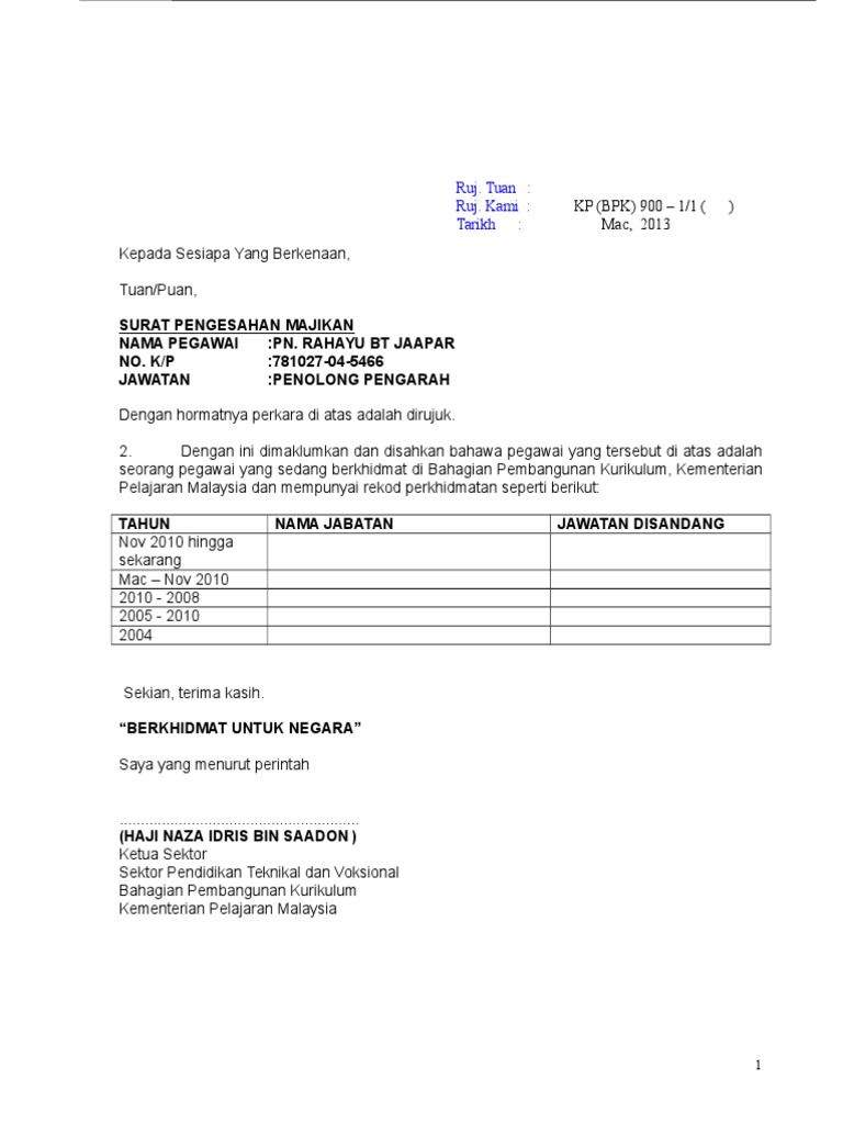 Surat Pengesahan Majikan Contoh | PDF