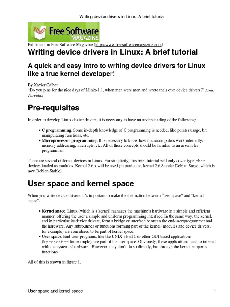 Writing Device Drivers In Linux A Brief Tutorial Pdf Device Driver Kernel Operating System
