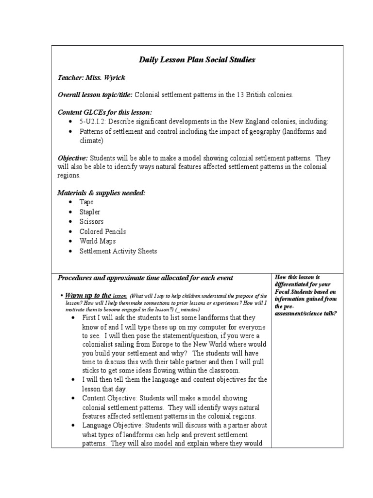 Colonial Settlement Patterns Lesson Plan | PDF | Lesson Plan ...