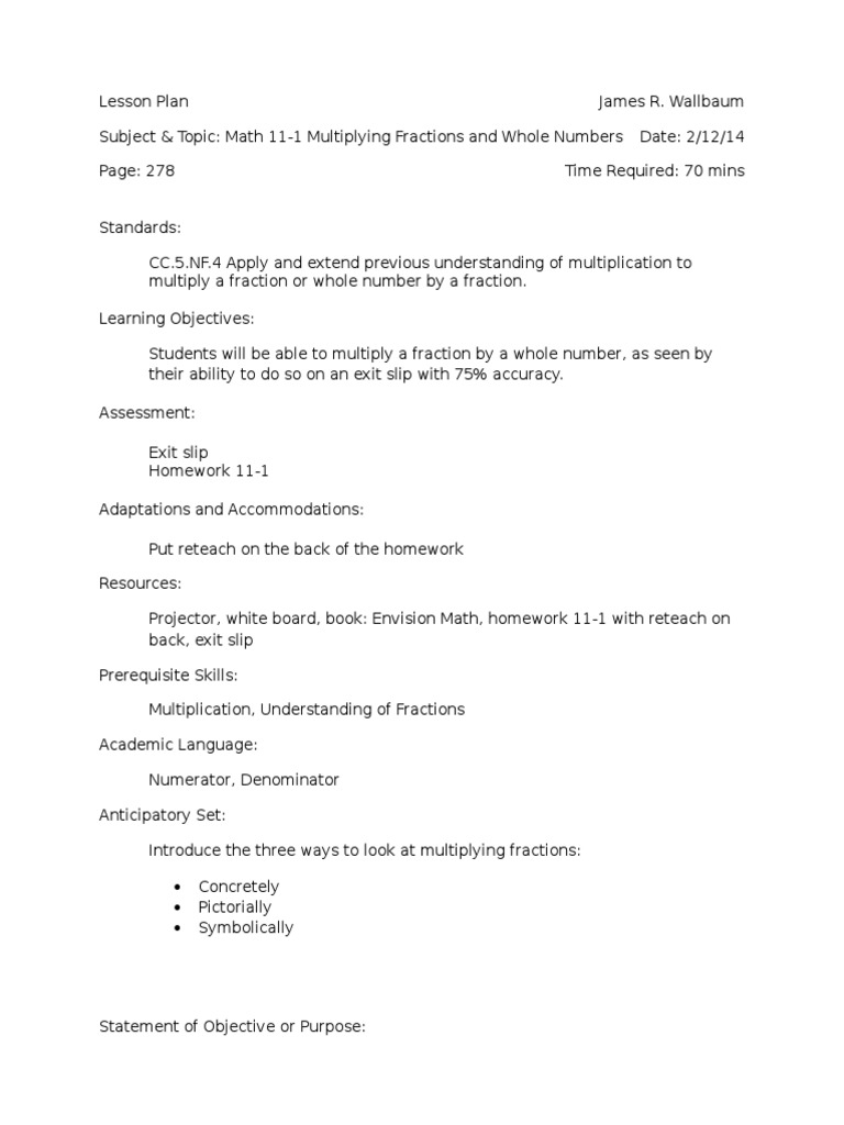Multiplying Fractions Lesson Plan | PDF | Fraction (Mathematics) | Pedagogy