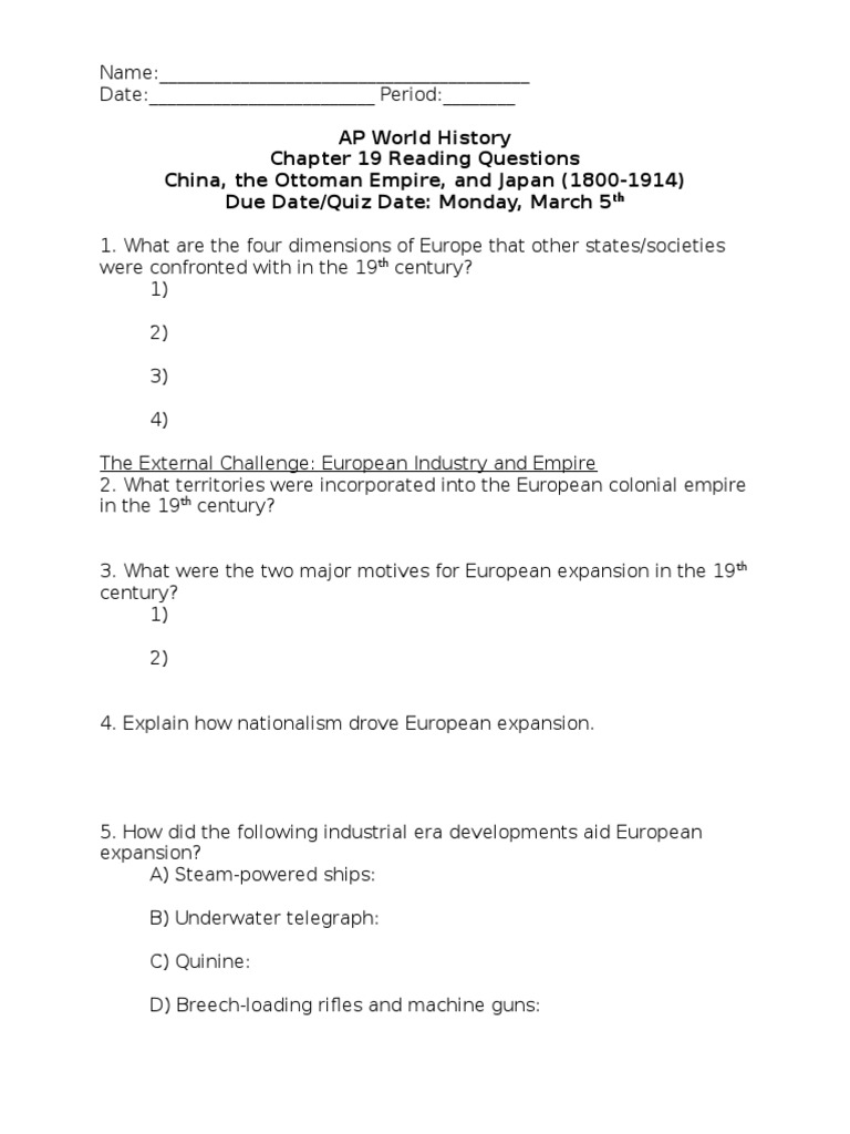 Apwh Chapter 19 Reading Questions | PDF | Empire Of Japan | Ottoman Empire