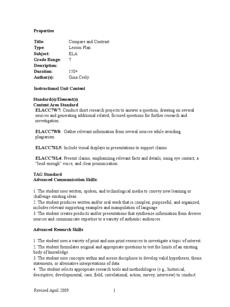 Grade 7 Compare and Contrast Lesson Plan | PDF | Lesson Plan ...