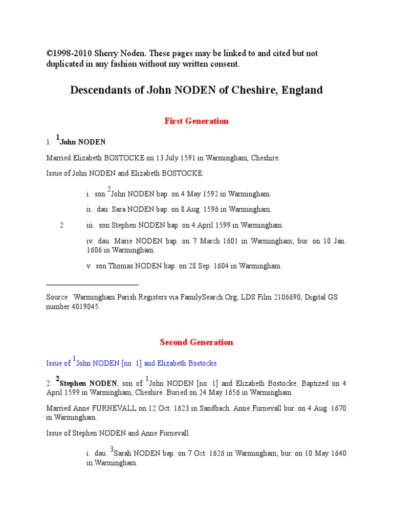 Descendants of John NODEN of Cheshire, England | PDF | Baptism